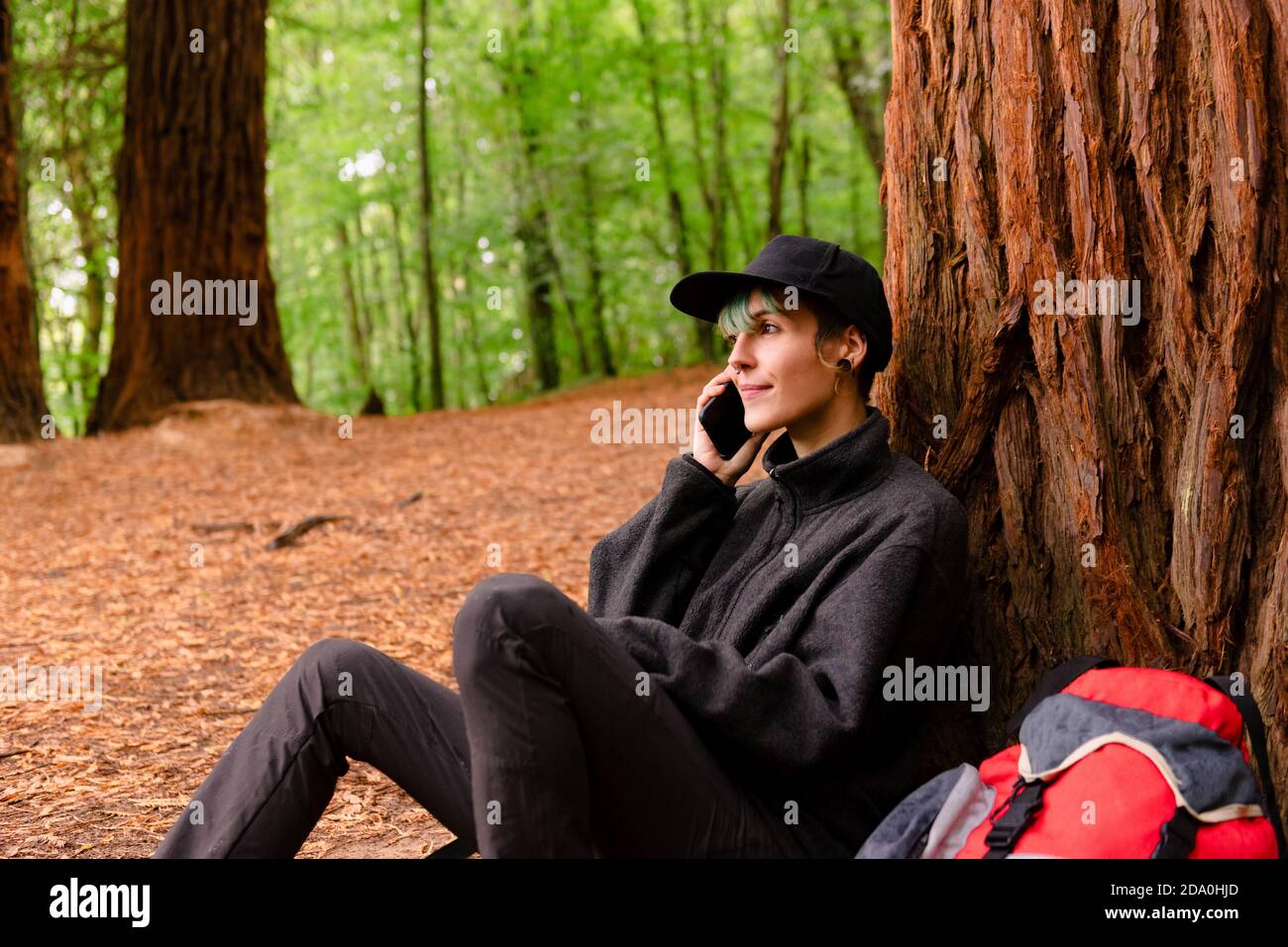 Side view of cheerful female tourist leaning on tree in woods and ...