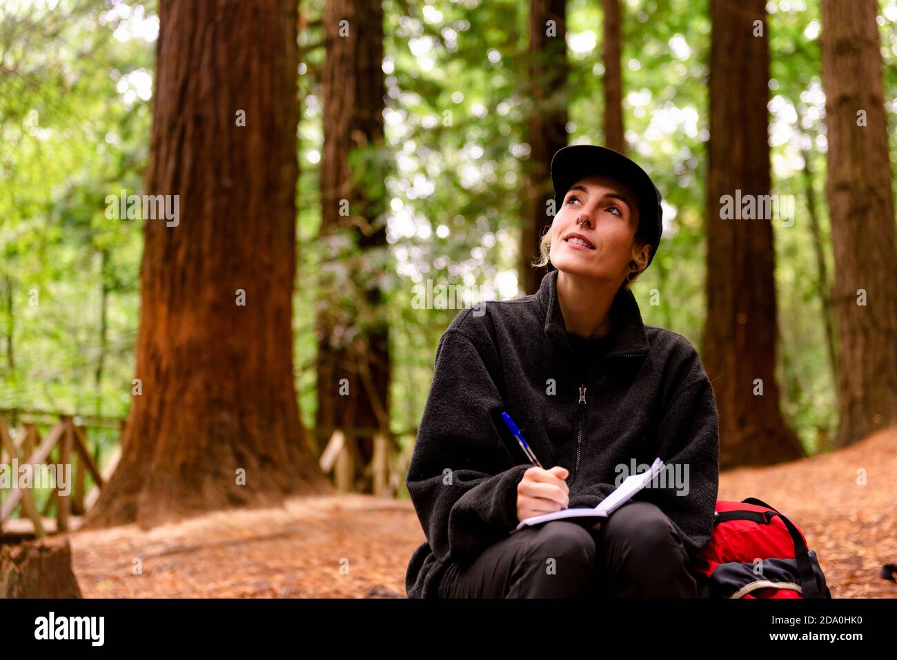 Female explorer sitting in woods and writing in notebook while enjoying ...