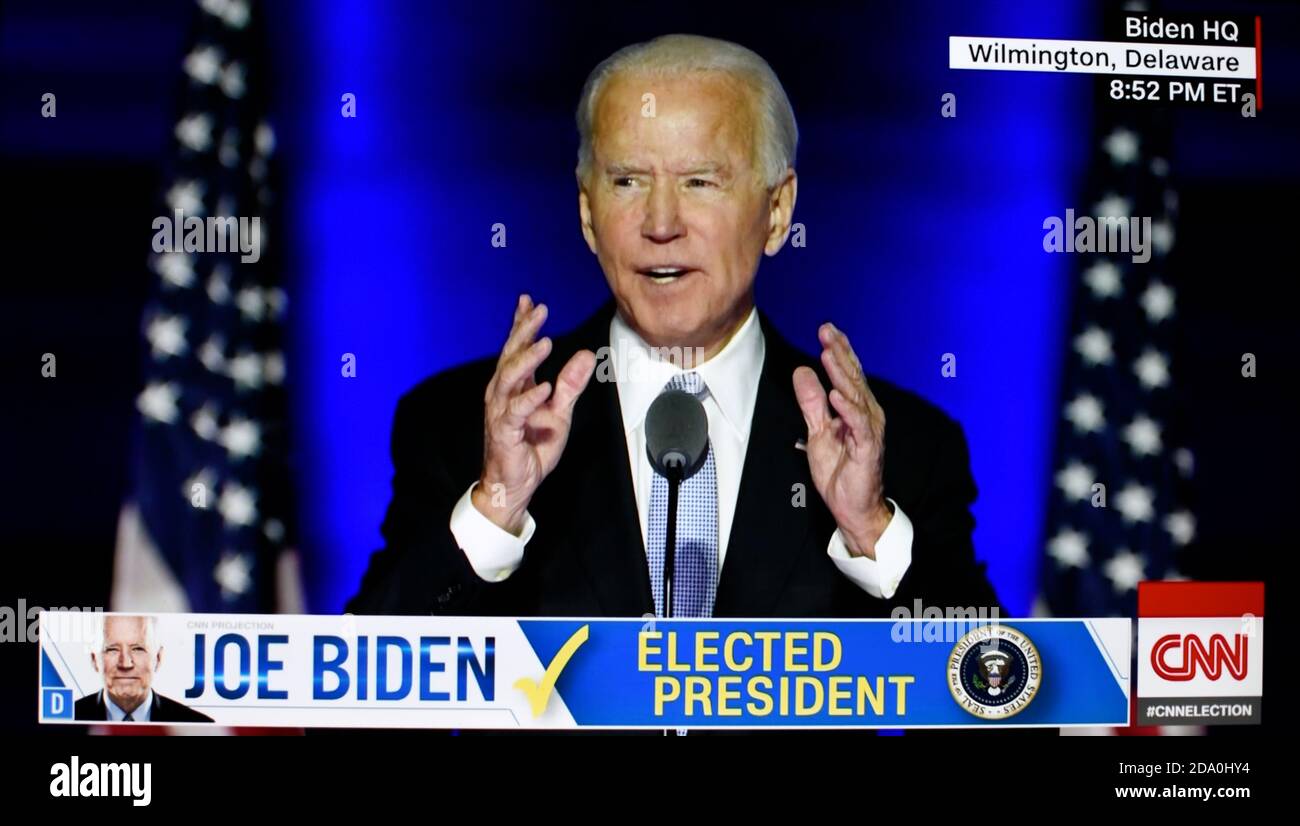 A TV screen shot of the CNN broadcast of president-elect Joe Biden's ...