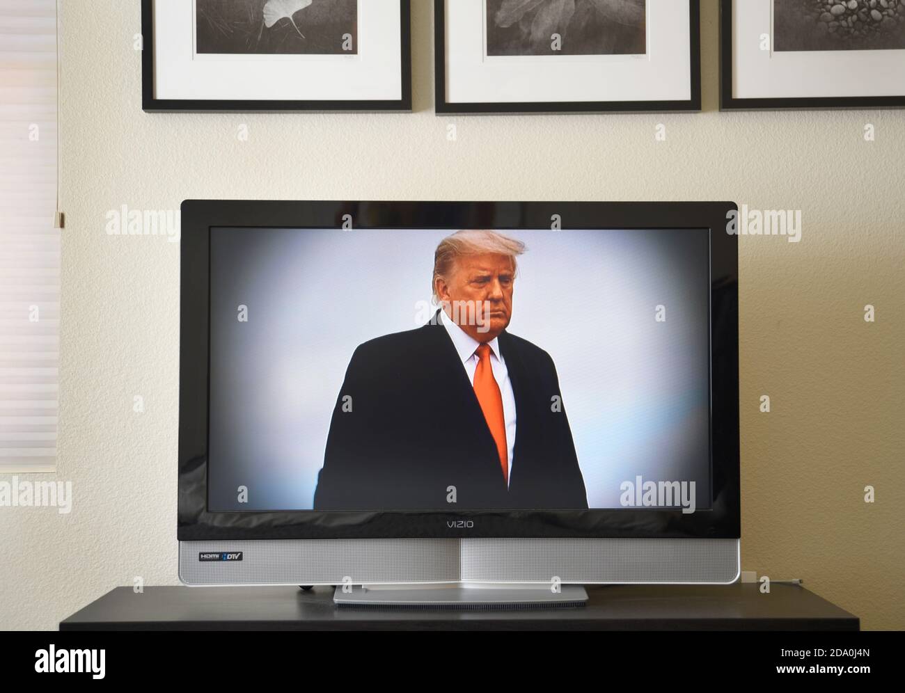 An image of U.S. president Donald Trump on a television election-night ...