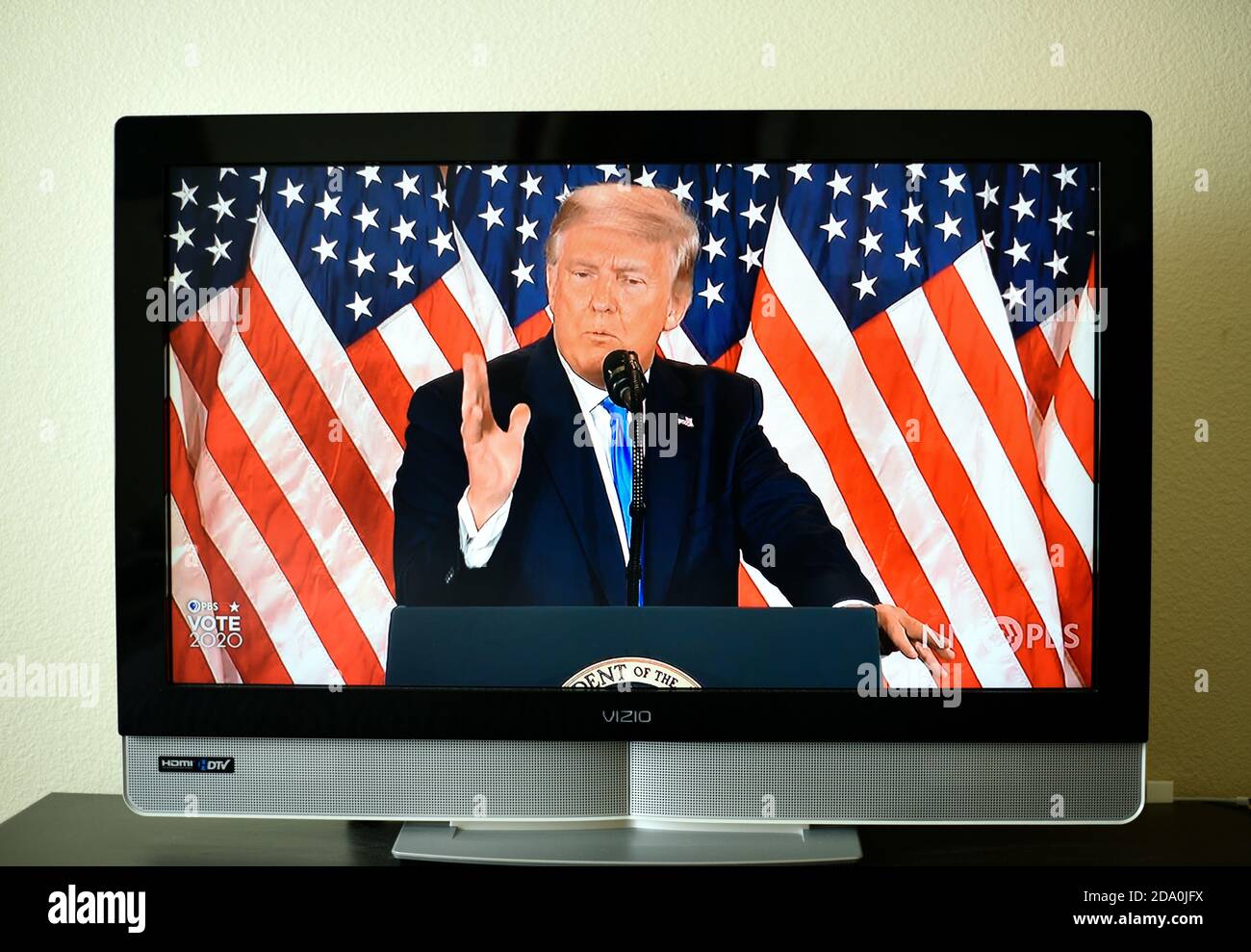 A PBS television screen grab of President Trump's defiant election ...