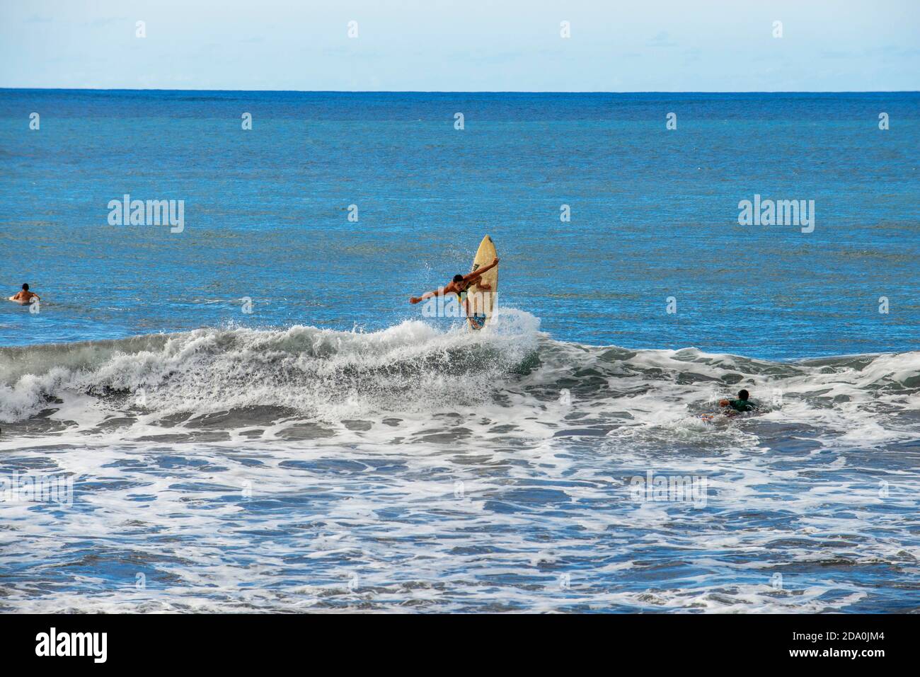 Surfers at Beach with black sand on Pointe Venus, Tahiti, French ...
