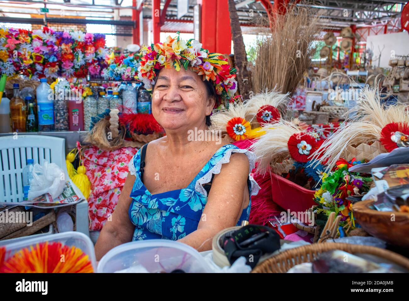 Souvenirs stall in Papeete Municipal covered Market, Papeete, Tahiti ...