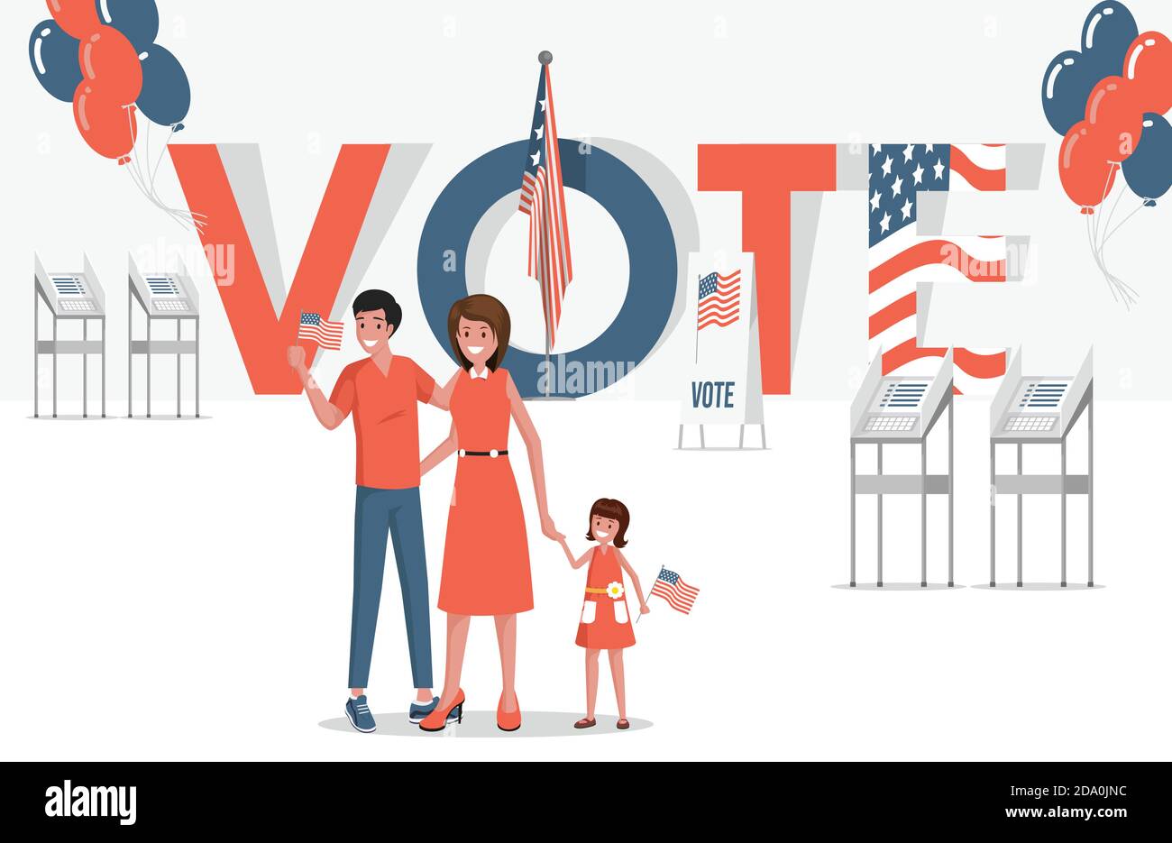 Vote flat vector banner design. Happy smiling family, dressed up father ...