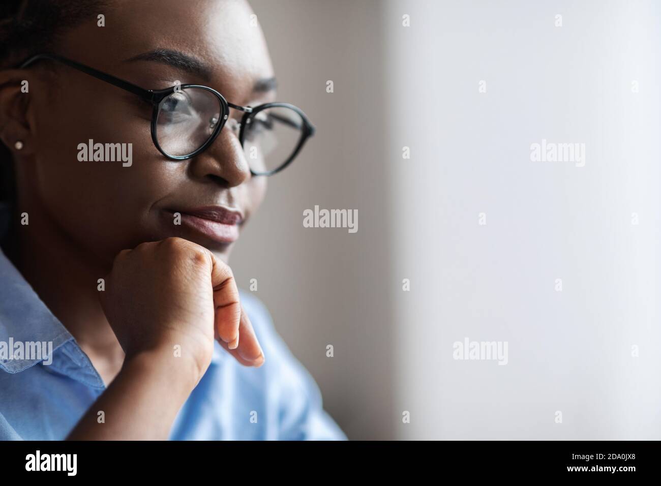 Closeup Indoor Portrait Of Black Female Business Analyst In Eyeglasses ...