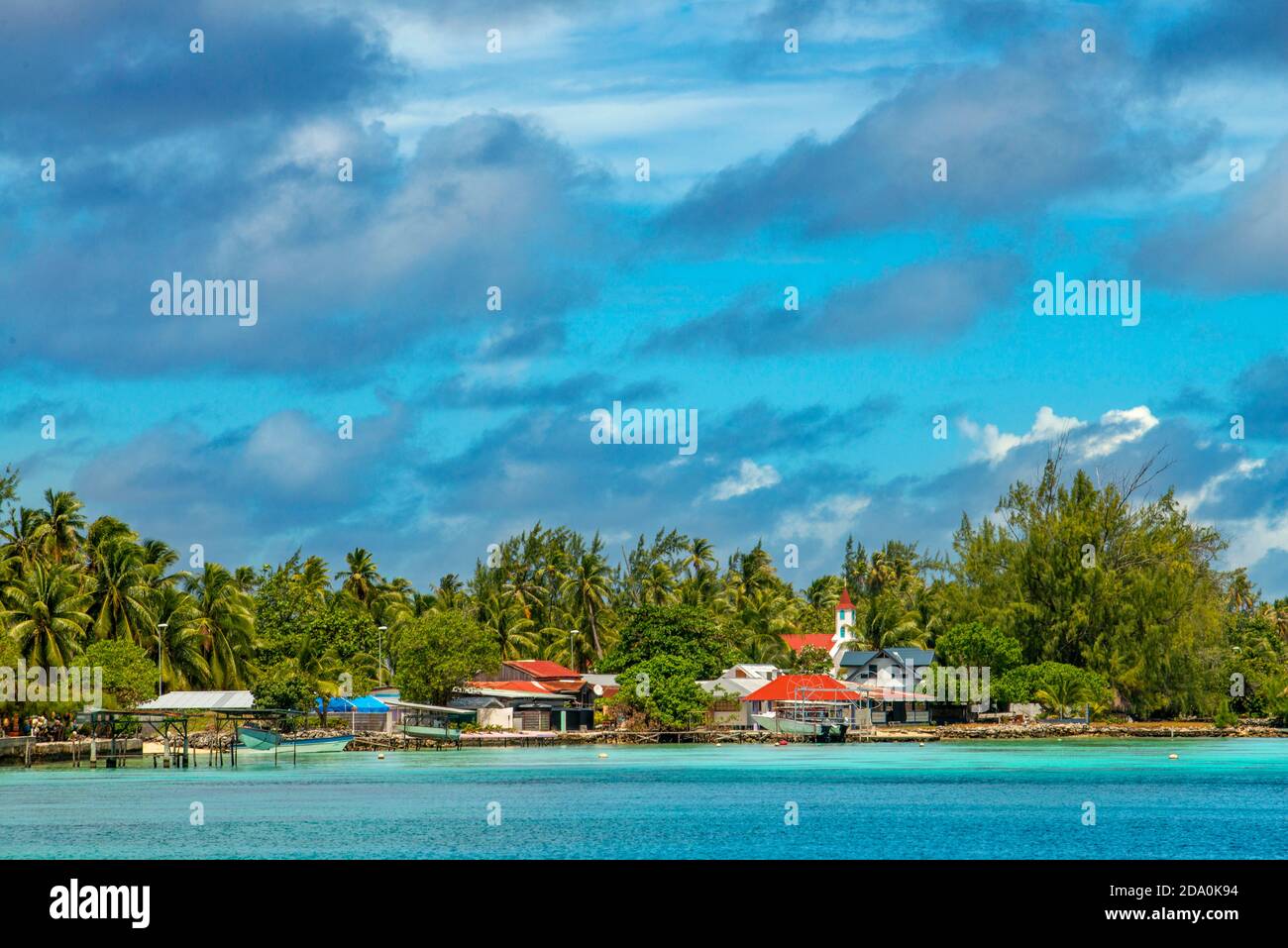 Fakarava coast and Rotoava church, Tuamotus Archipelago French ...