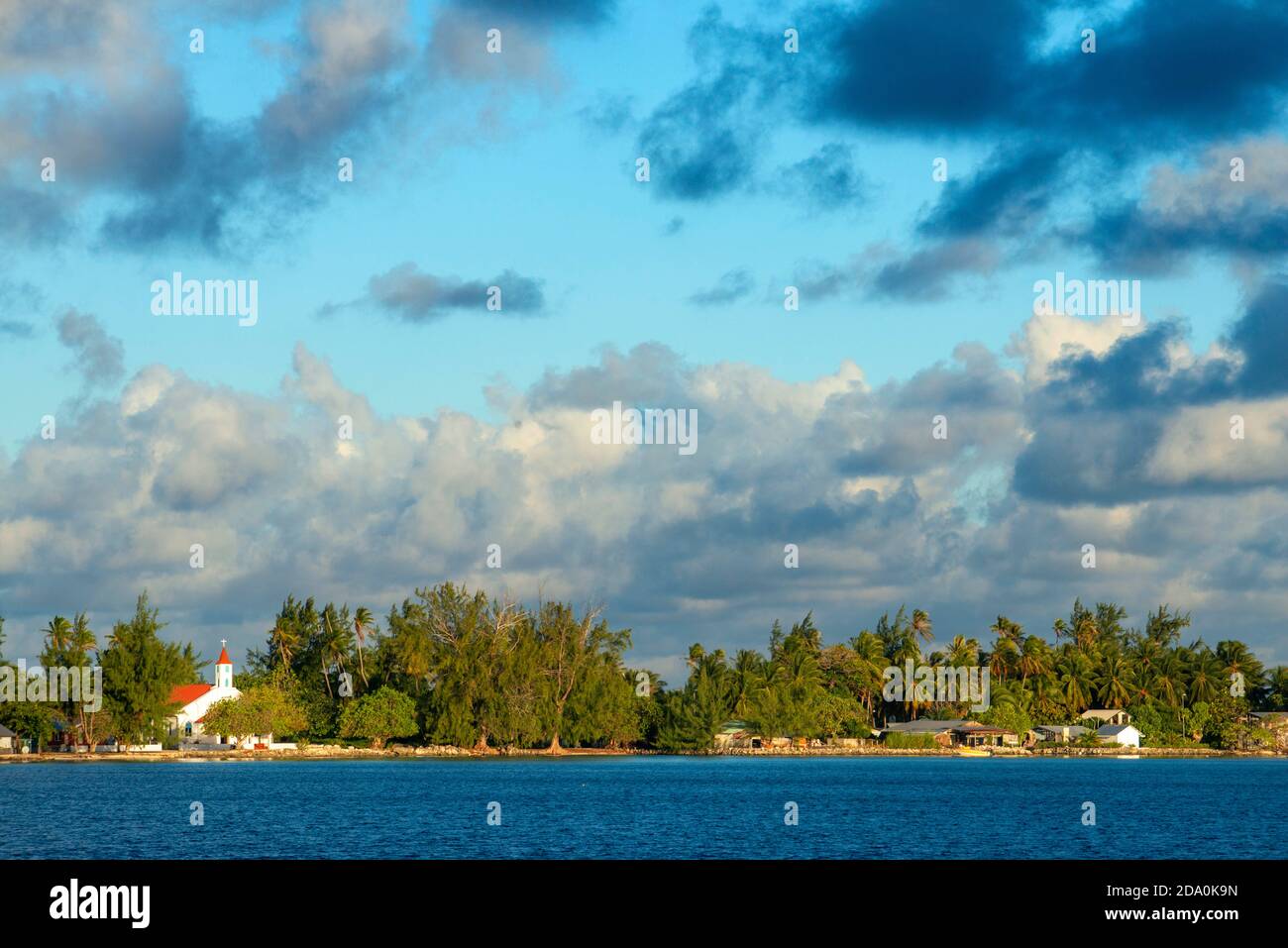 Fakarava coast and Rotoava church, Tuamotus Archipelago French ...
