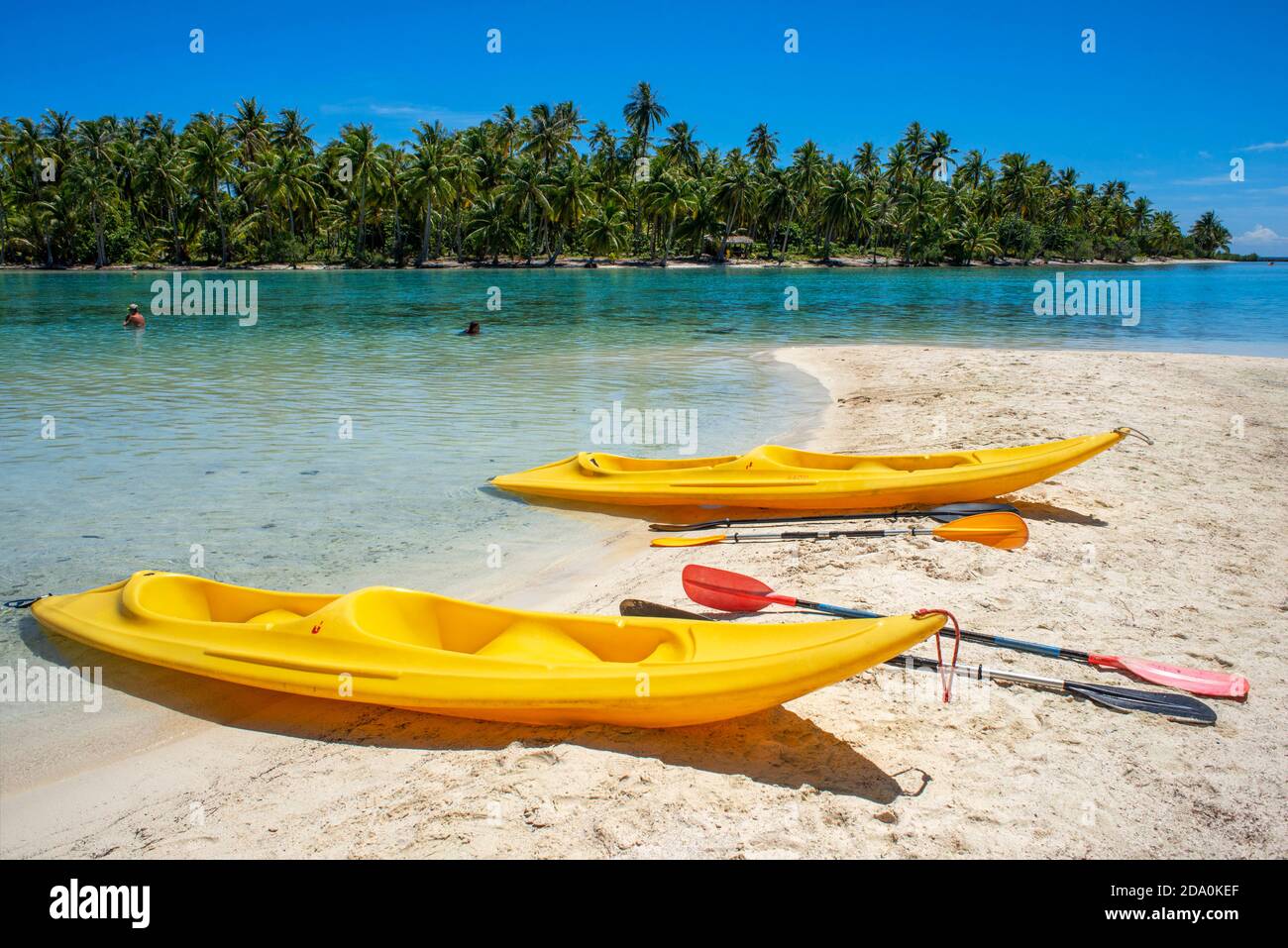 Kayaking in Taha'a island beach, French Polynesia. Motu Mahana palm ...