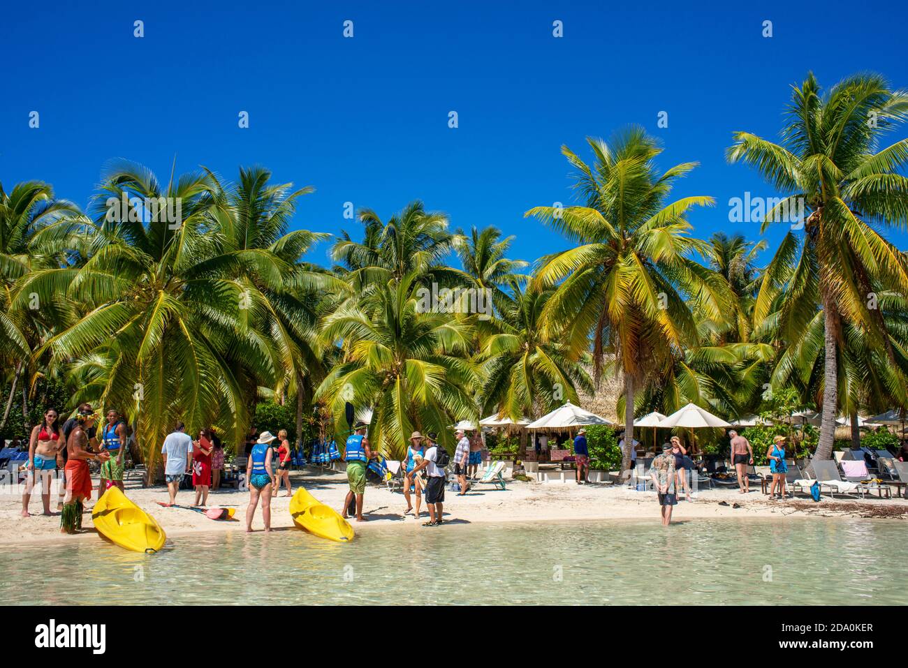 Kayaking in Taha'a island beach, French Polynesia. Motu Mahana palm ...