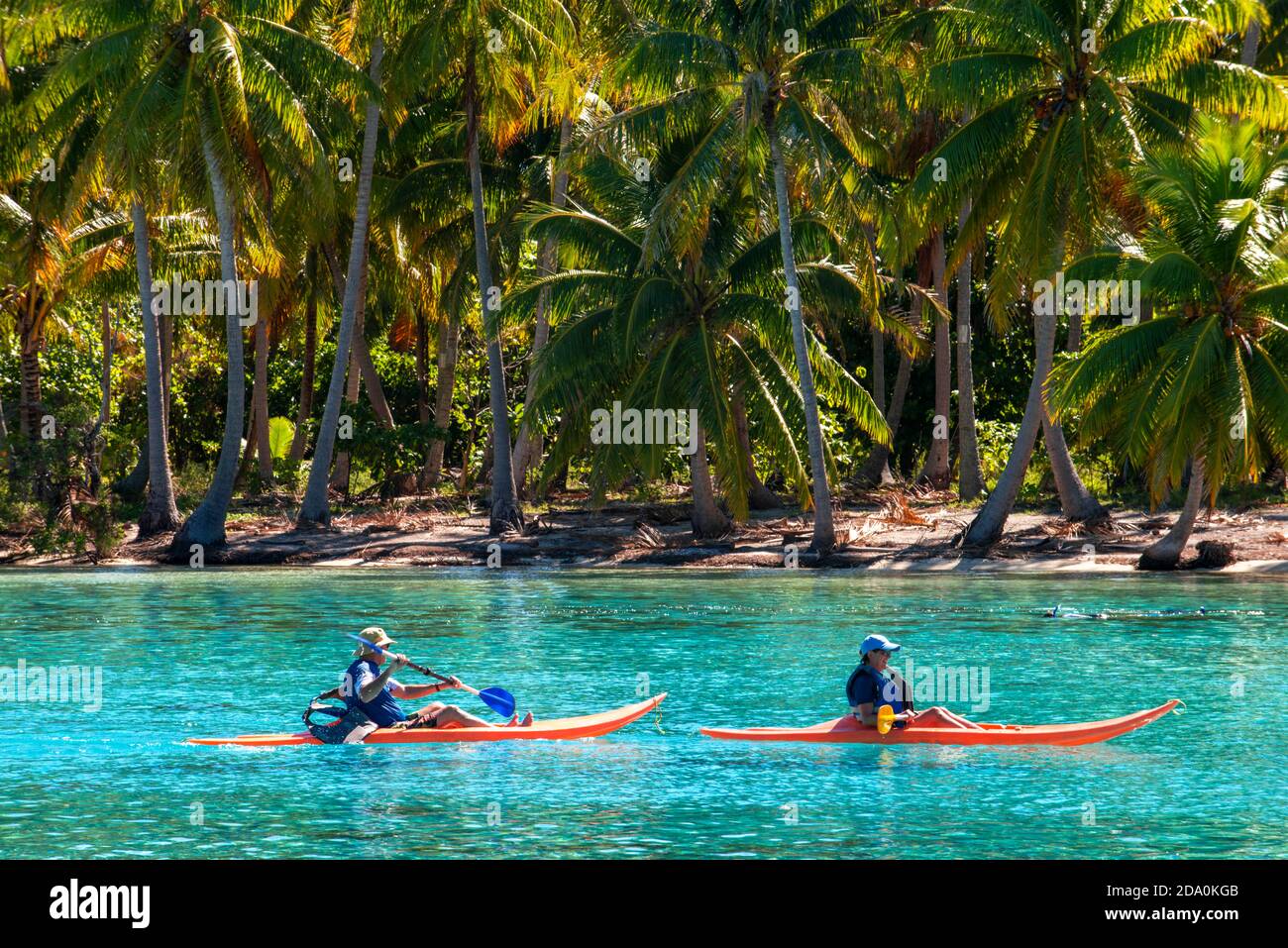 Kayaking in Taha'a island beach, French Polynesia. Motu Mahana palm ...