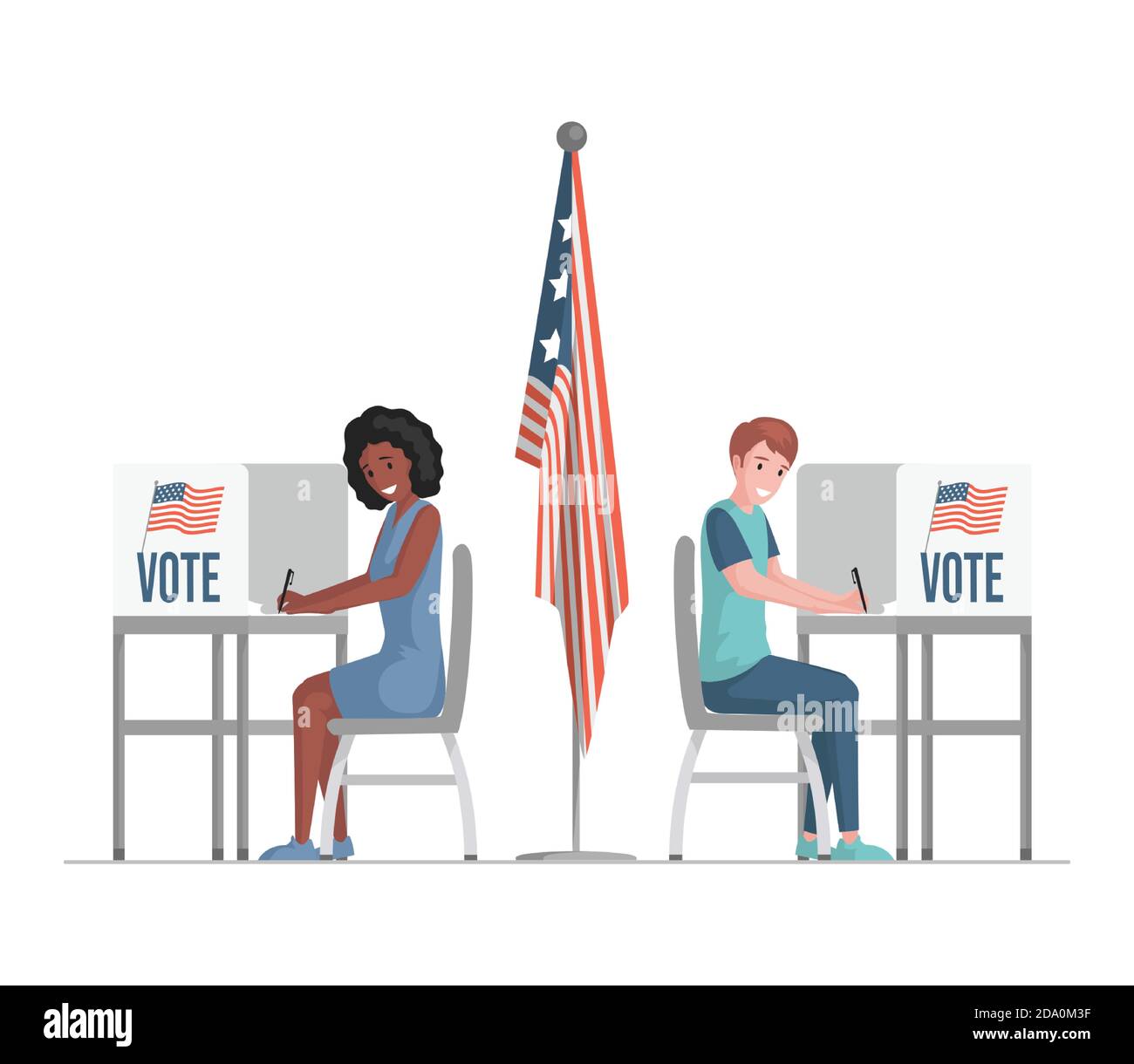 Happy man and woman sitting at voting stands, fill casting ballots ...