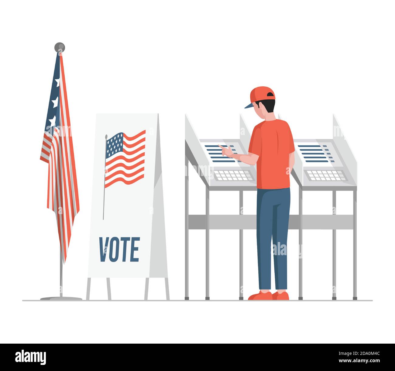 Man standing near voting stands, fill casting ballots, voting, and ...