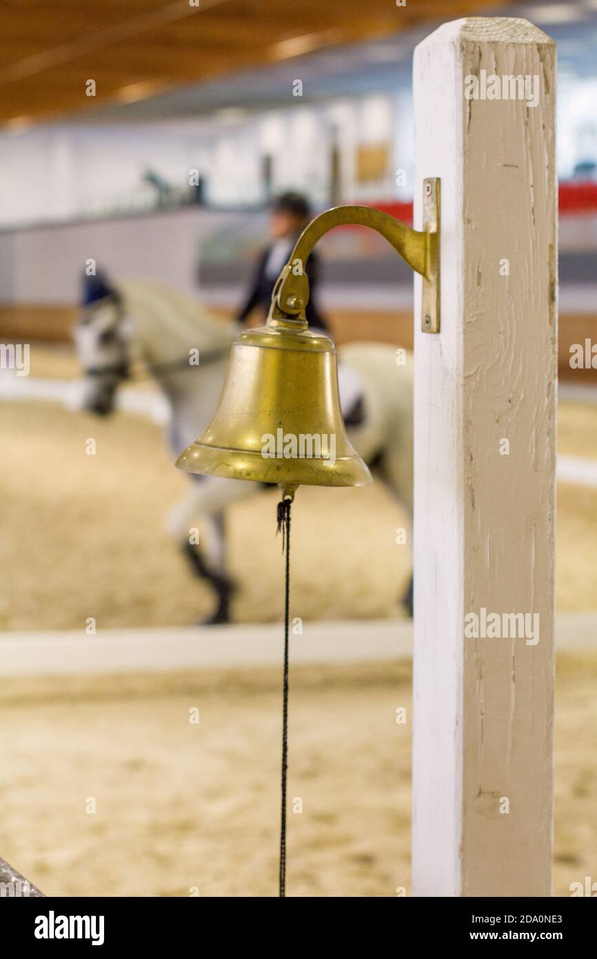 Vertical shot of a Judge Bell with female dressage horse rider in the ...