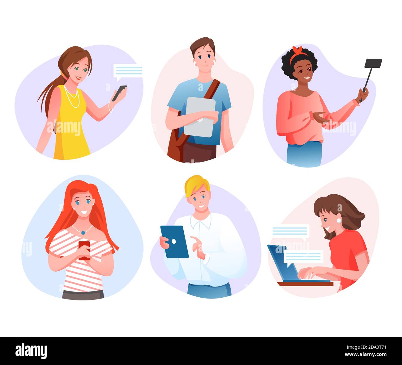 Cartoon flat collection of happy young gadgeteer characters using ...