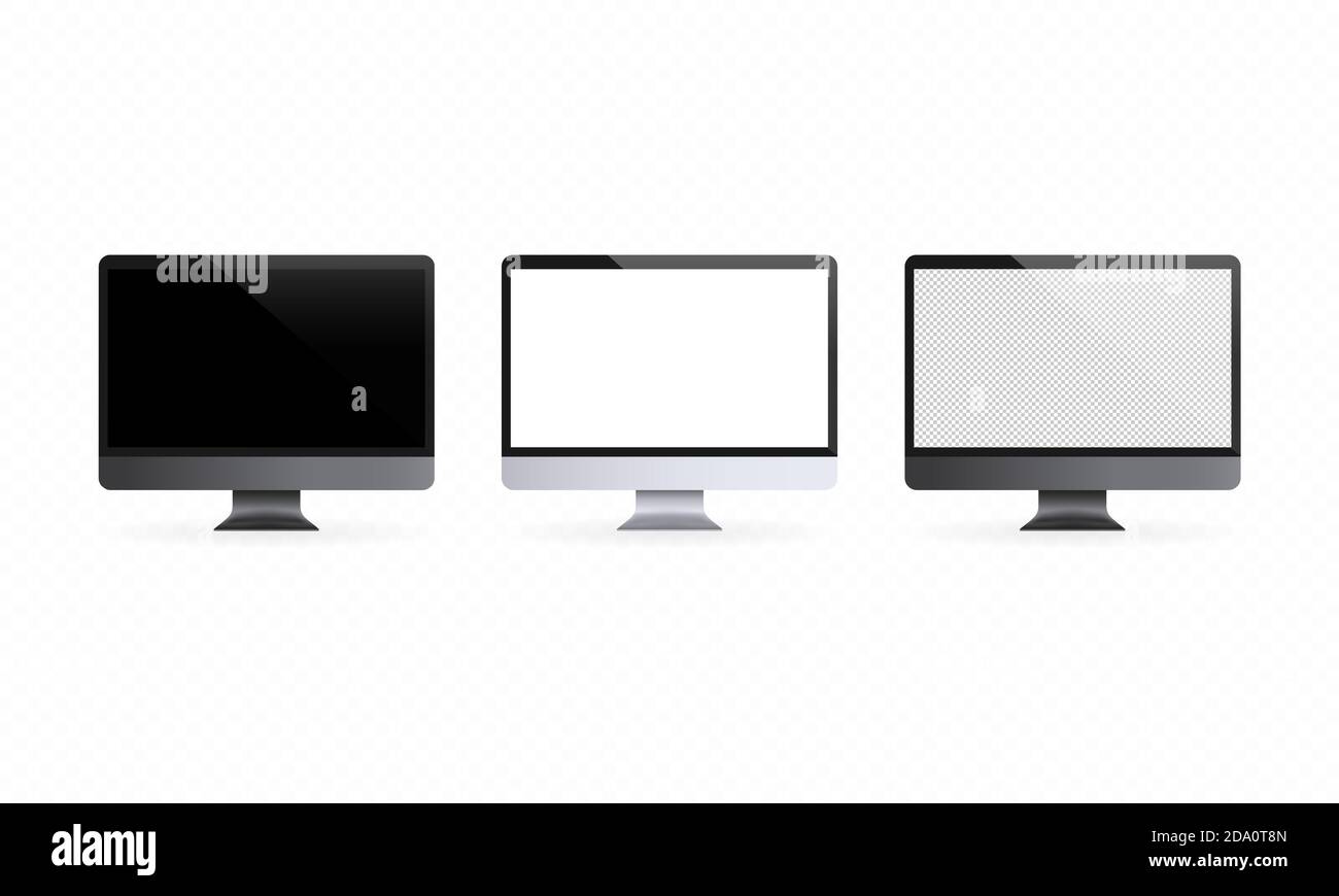 Realistic desktop computer with blank display. PC in front and side ...