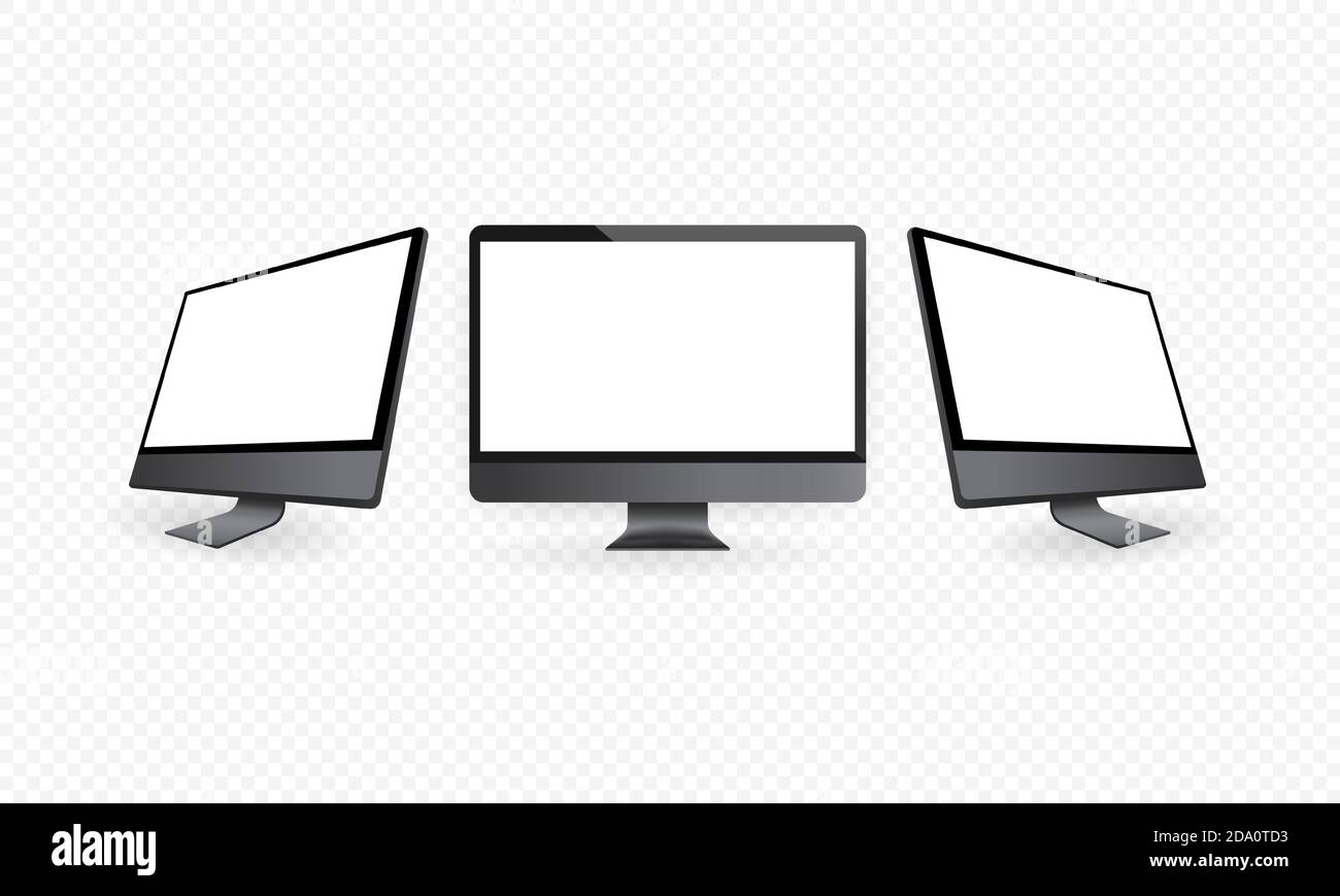 Realistic computer monitor in front and side view. Metal desktop mockup ...