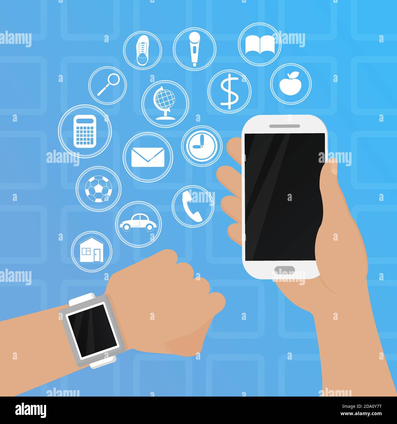 Smart watch on hand with phone vector illustration in flat sty ...