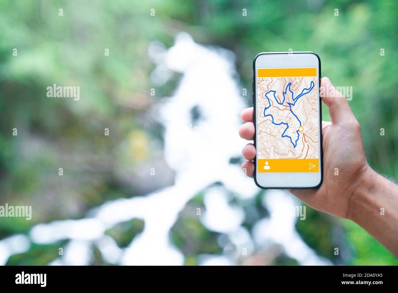 Cropped unrecognizable man traveler using smartphone browsing on map ...
