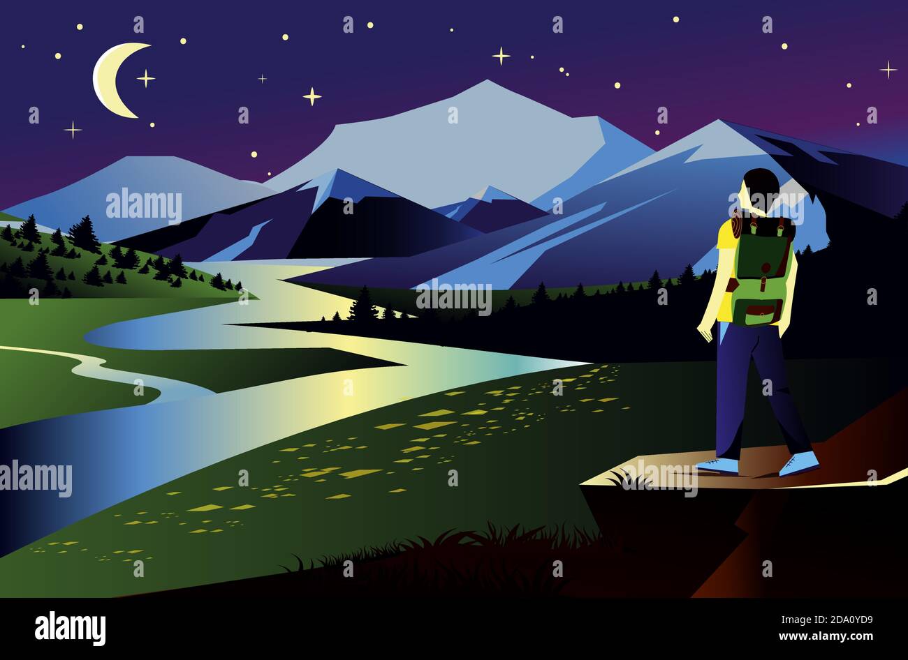 Vector landscape illustration with mountains in night time. Traveler ...