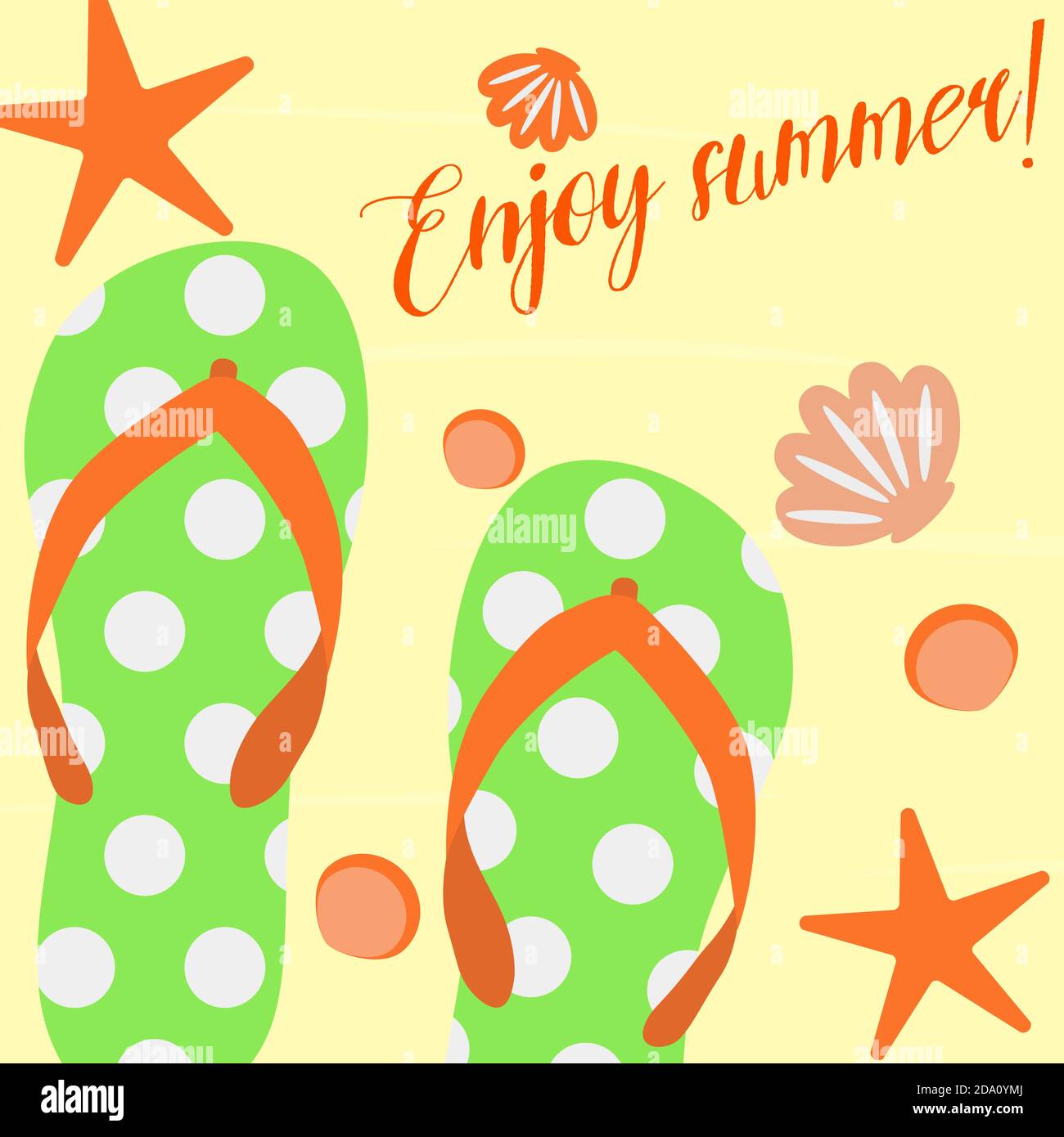 Summer background with slippers on sand and shells in bright colors ...