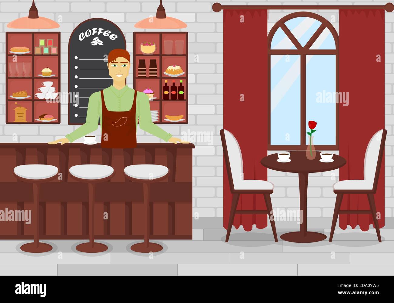 Vector Illustration of Coffee shop interior with man bartender in flat ...