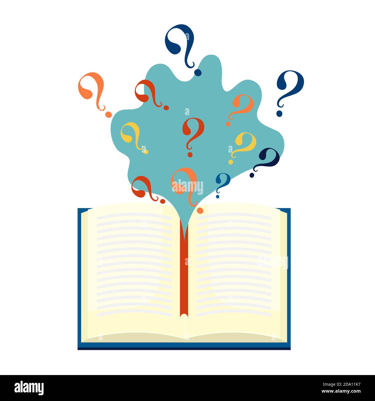 Open black book with multicolored question marks flying out, isolated on white background ...