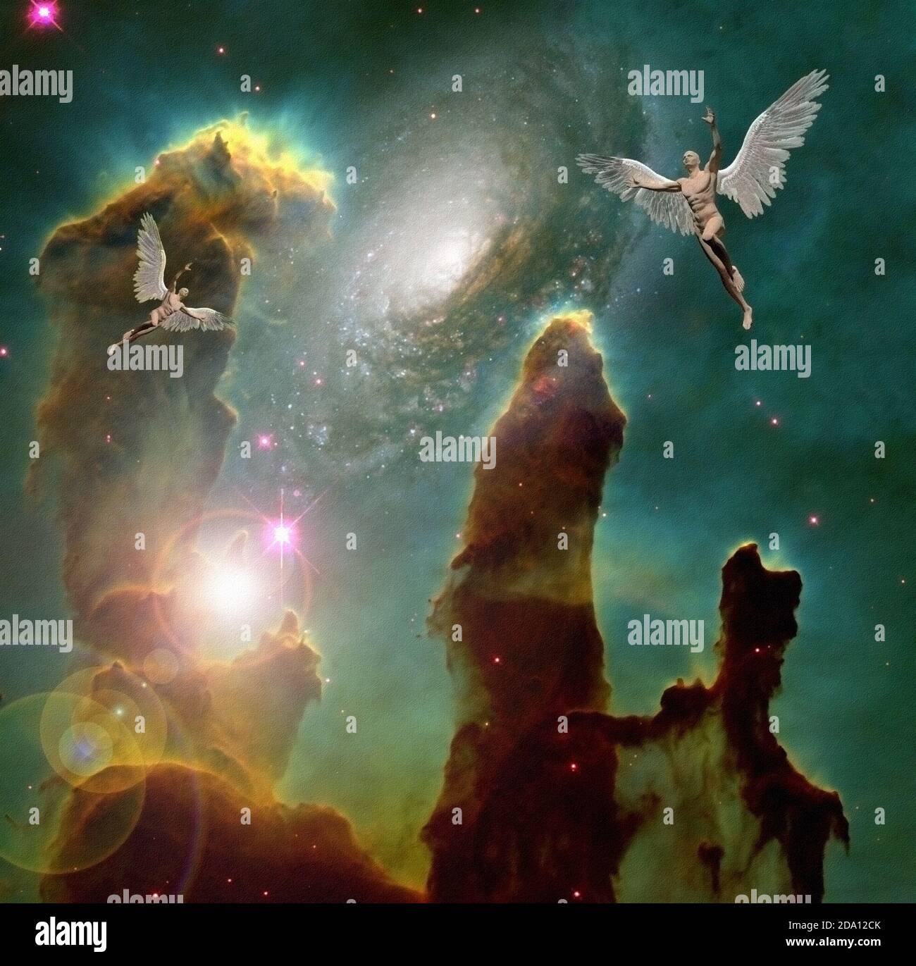 Surrealism. Men with wings symbolizes angels in space. 3D rendering ...