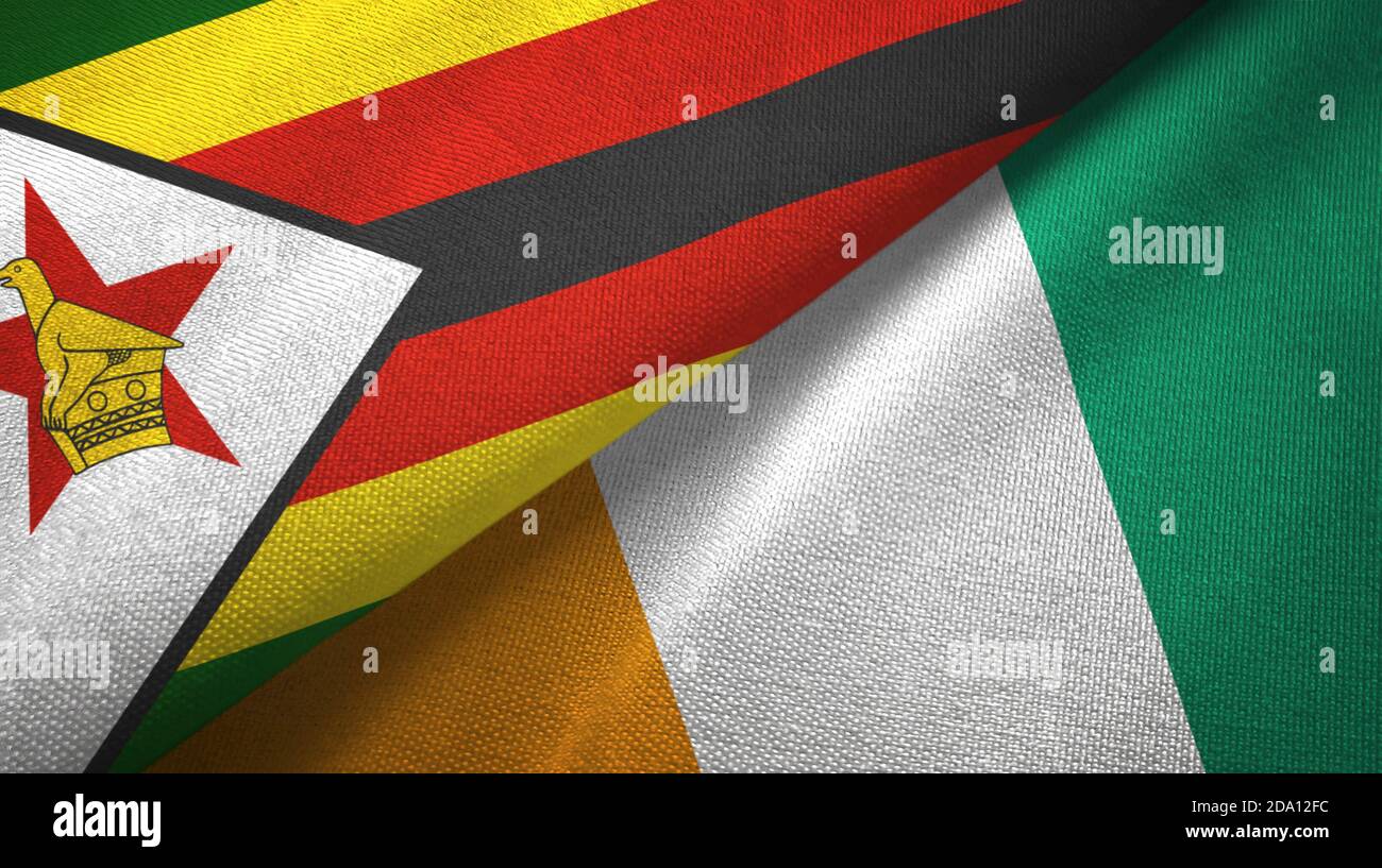 Zimbabwe and Cote d'Ivoire Ivory coast two flags textile fabric texture ...