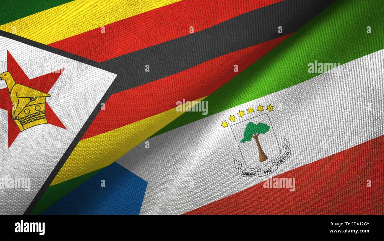 Zimbabwe and Equatorial Guinea two flags textile cloth, fabric texture ...