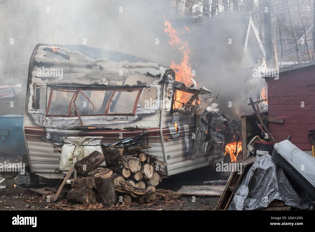 Recreational vehicle catches fire Stock Photo - Alamy
