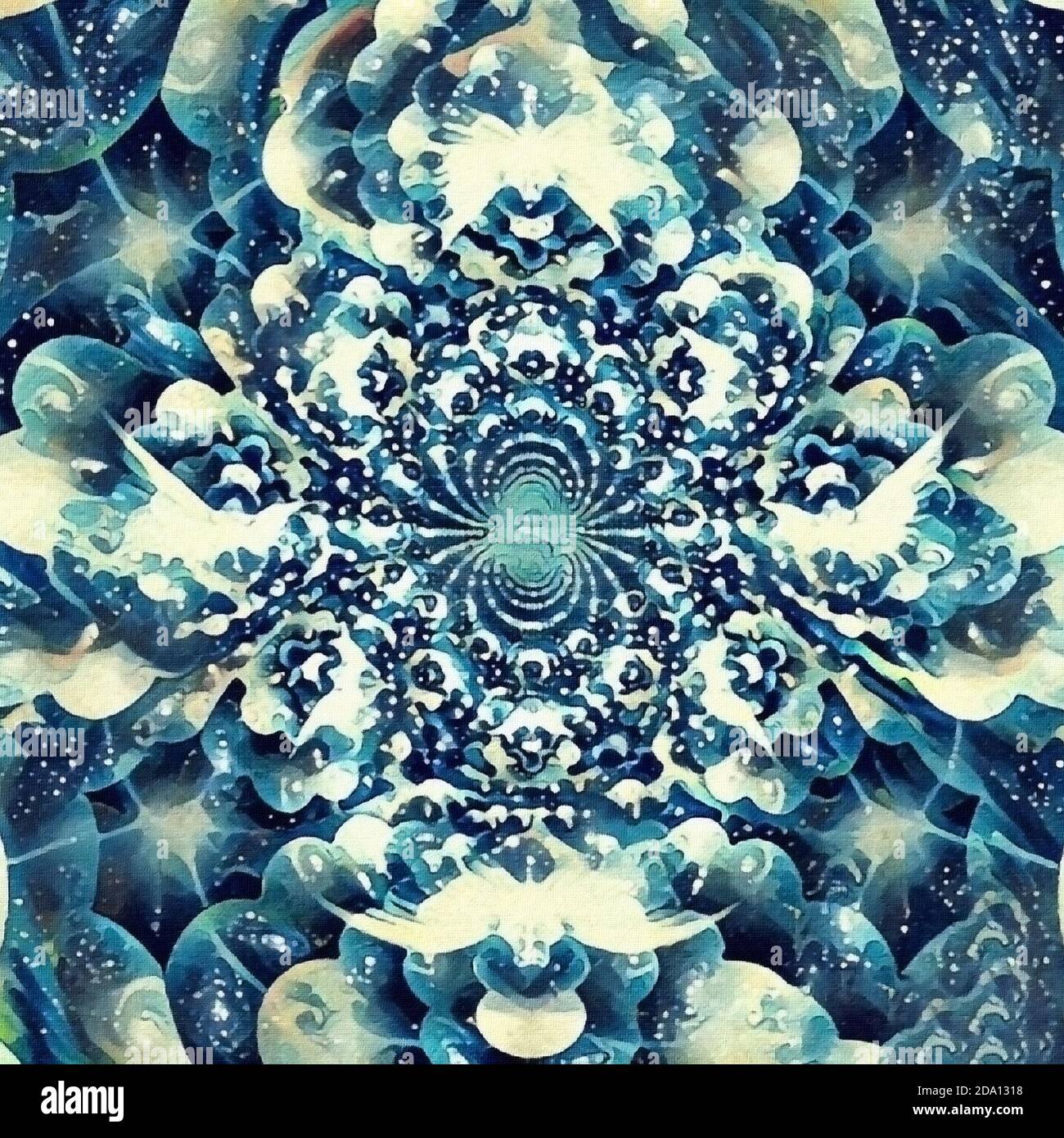 Abstract painting. Mirrored round fractal with angels wings. 3D ...