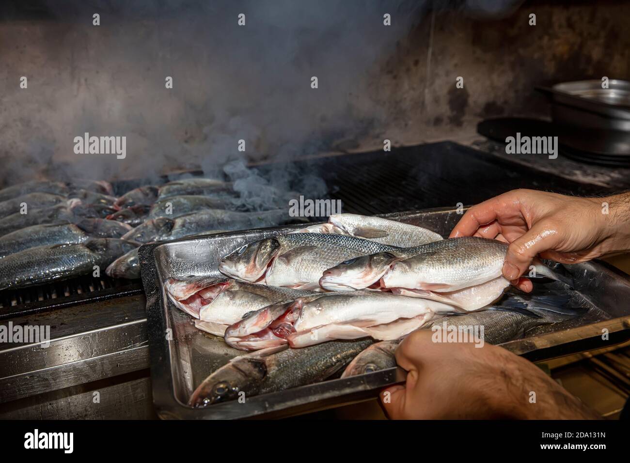 Grilled sea bass fish closeup. In process. European sea-bass, chef is ...