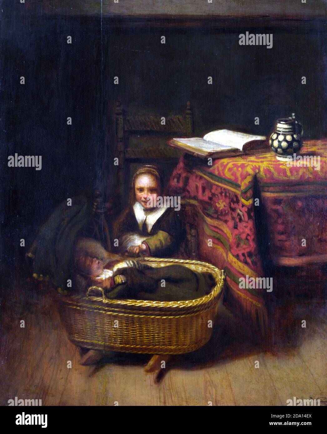 MAES, Nicolaes - A Little Girl rocking a Cradle Stock Photo - Alamy