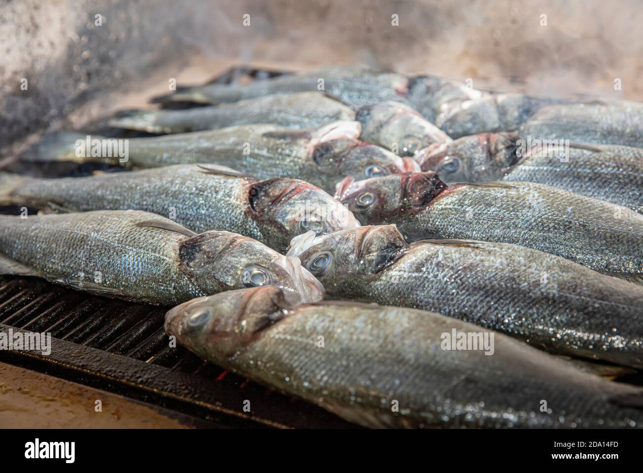 Grilled sea bass fish closeup. In process. European sea-bass, chef is ...