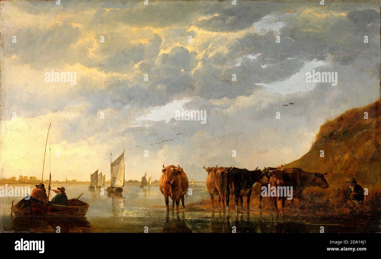 CUYP, Aelbert - A Herdsman with Five Cows by a River. Old European oil ...
