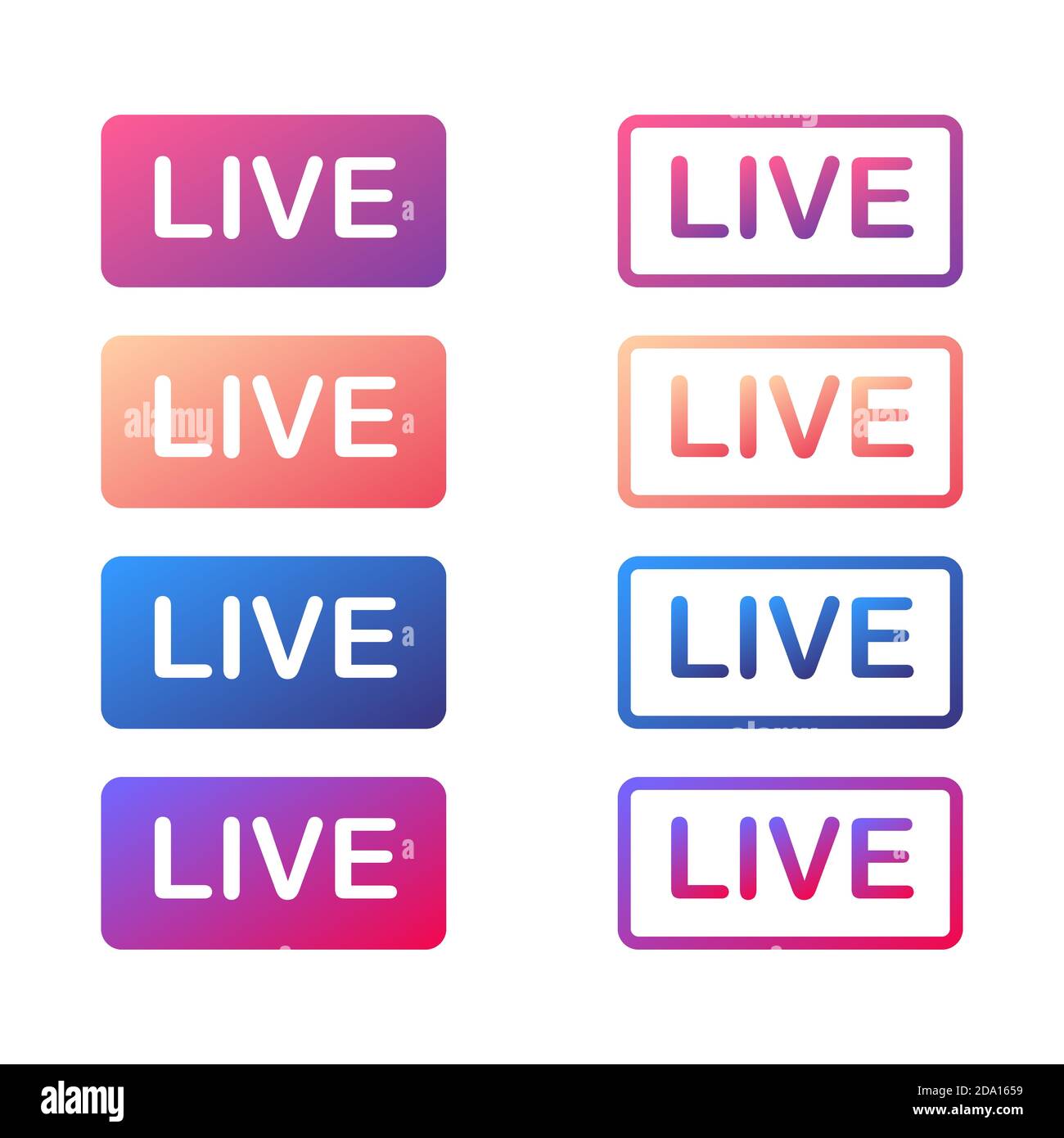 Live video stream buttons icon set. Colourful gradient frames with LIVE text vector illustration ...