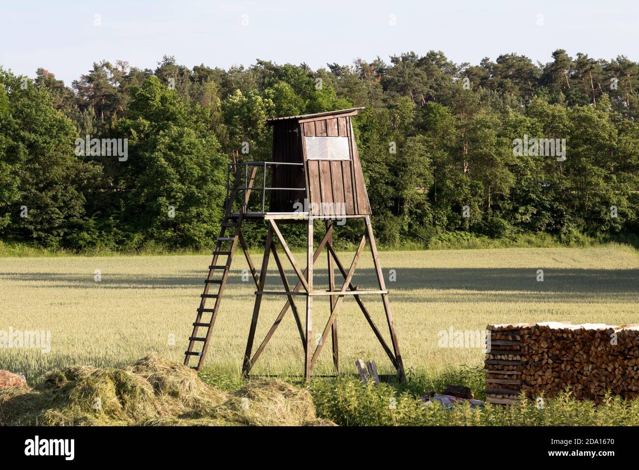 Wooden watch tower on the green farm field in Germany Stock Photo - Alamy
