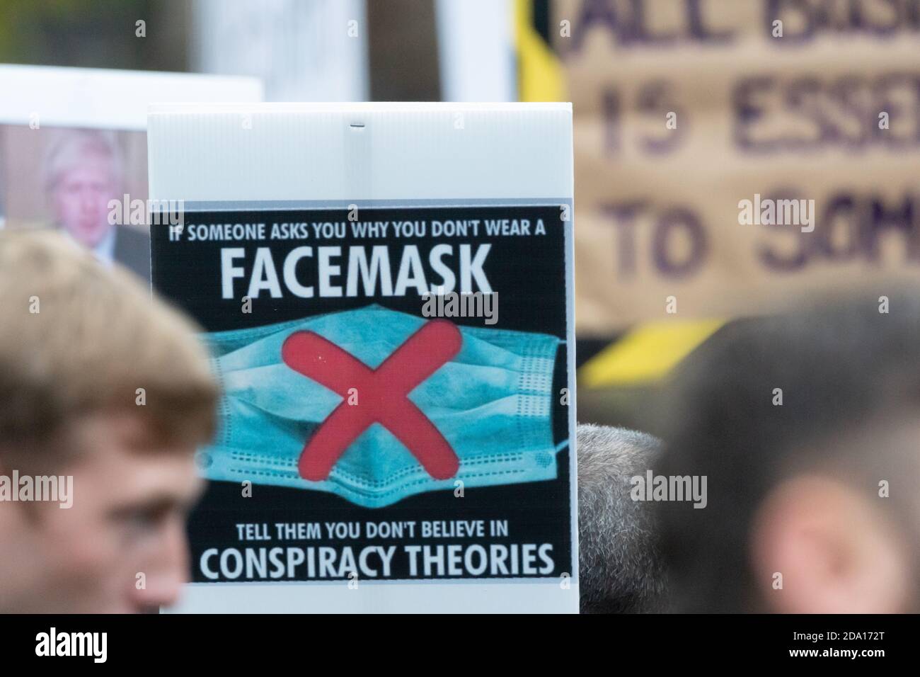 Manchester lockdown protest 08-11-2020, plandemic 2020 sign, placard ...