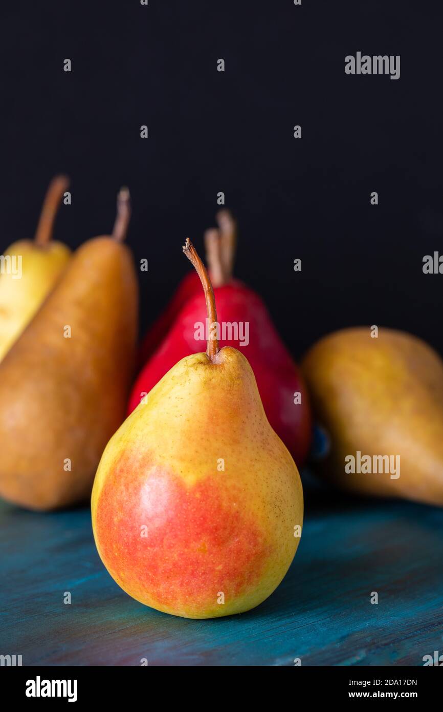 table top collection of Pears, Red Anjou, Bosc, and Comic, Pyrus ...