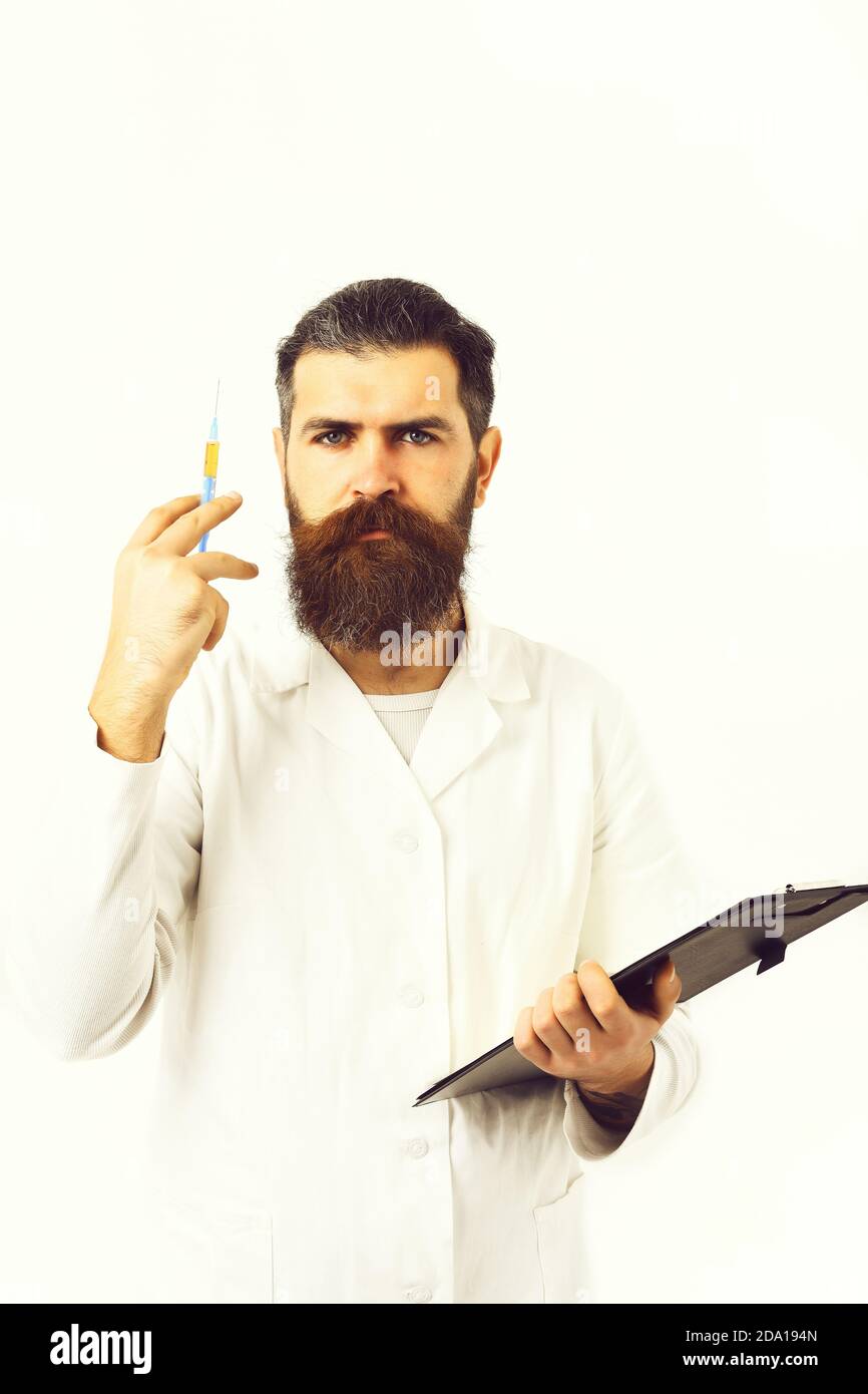 Bearded man, long beard. Brutal caucasian doctor or unshaven hipster ...