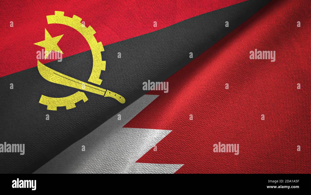 Angola and Bahrain two flags textile cloth, fabric texture Stock Photo ...