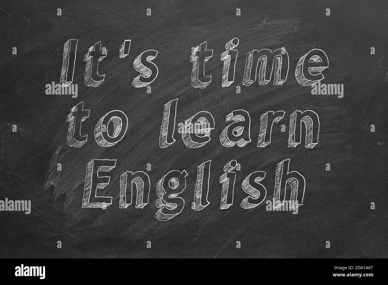 Hand drawing "It's time to learn english" on black chalkboard Stock ...
