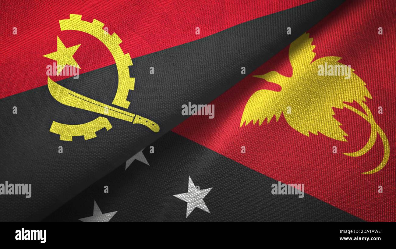 Angola and Papua New Guinea two flags textile cloth, fabric texture ...