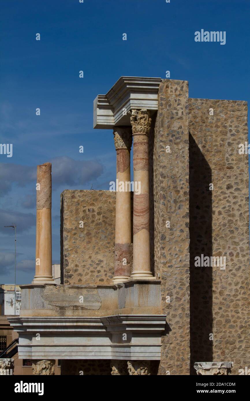 Roman theatre at Cartagena, Spain showing reconstructed columns at the ...