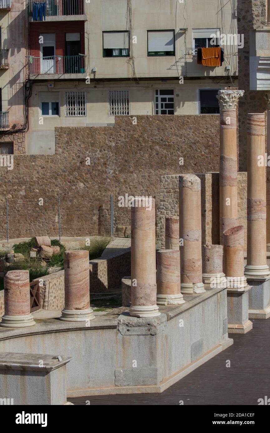 Roman theater at Cartagena,Spain showing reconstructed columns of the ...