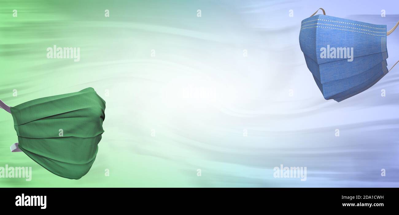 Different face masks with green and blue color and copy space for virus ...