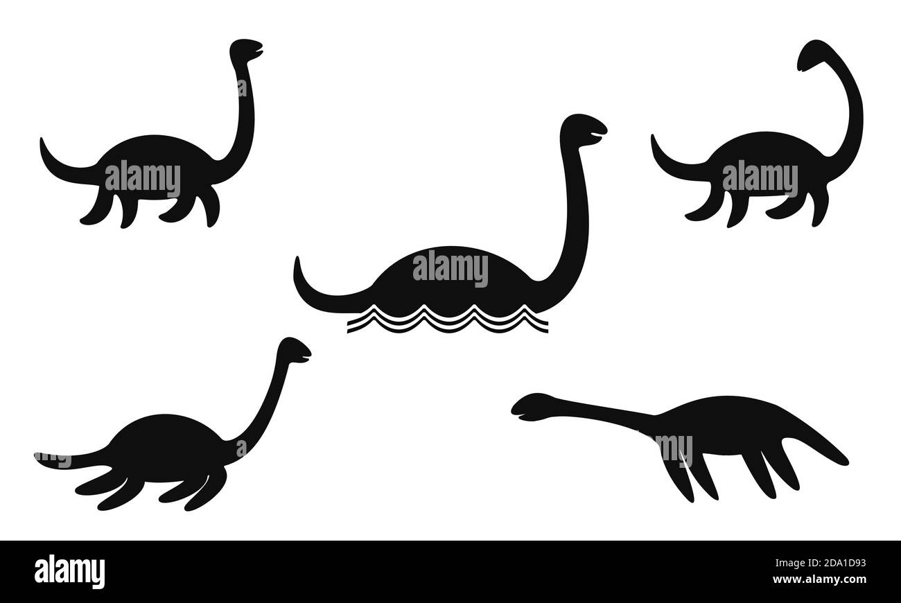 Set of Nessie or Loch Ness monster silhouettes isolated on white ...