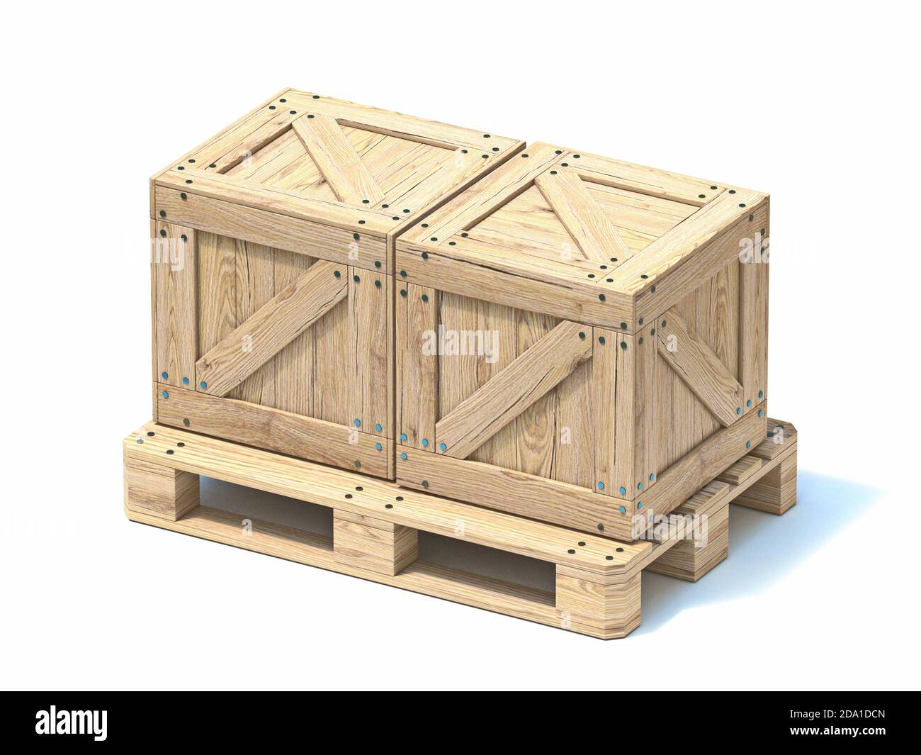 Two wooden boxes on wooden pallet 3D render illustration isolated on ...