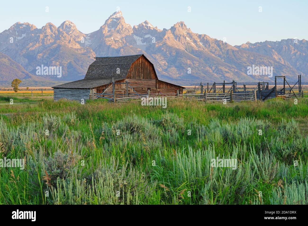 Sunrise over a log cabin on Mormon Row Historic District in Antelope ...