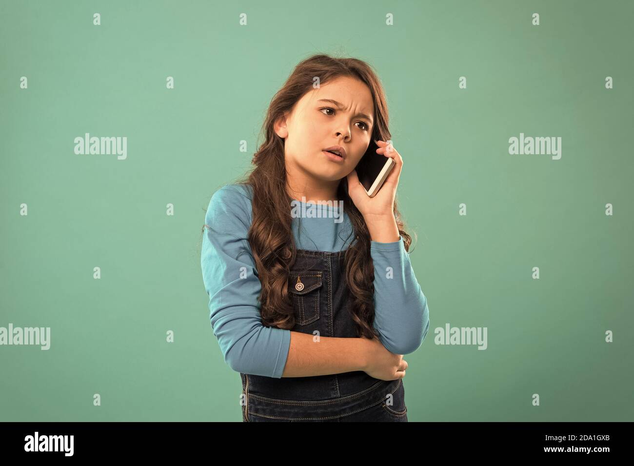 kid speak on phone. conversation. little girl having phone talk. modern ...
